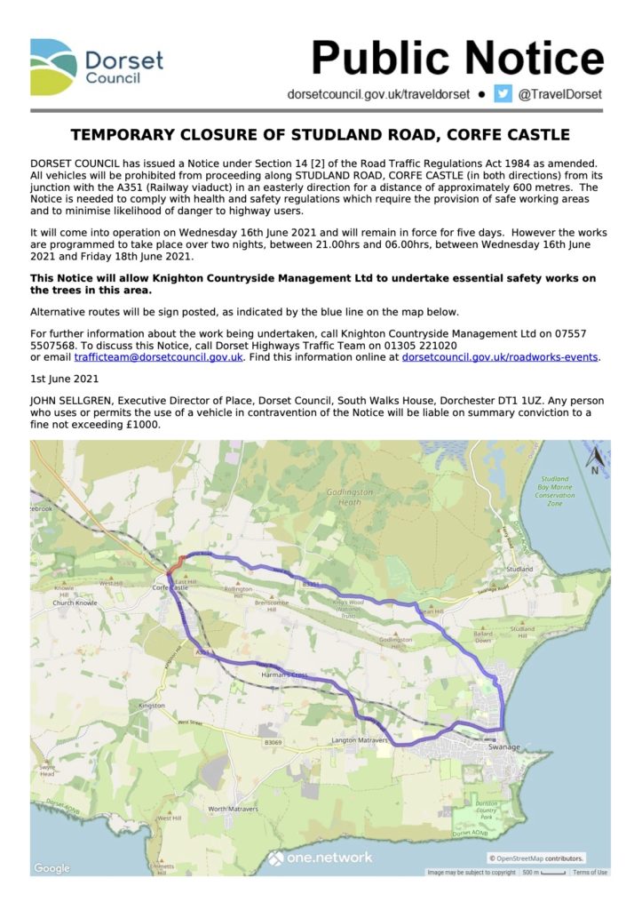 Corfe Castle to Studland Temporary Road Closure – Corfe Castle